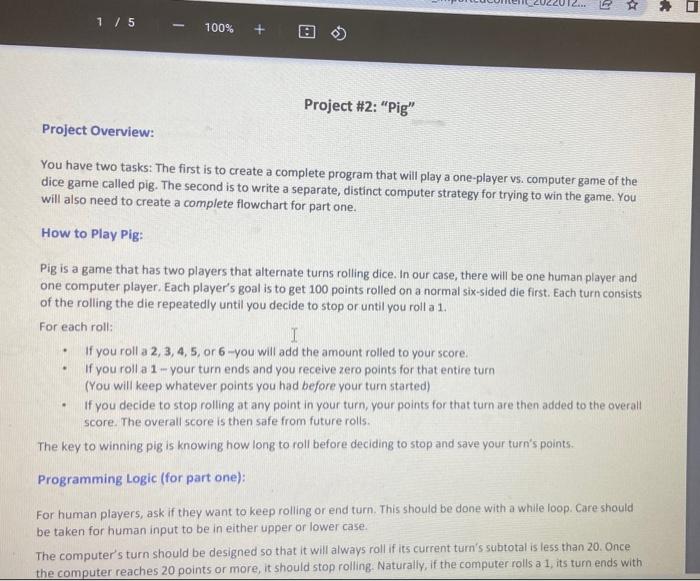 Solved 升 1 / 5 100% Project #2: "Pig" Project Overview: You | Chegg.com