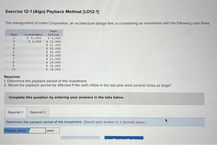 Solved Exercise 12-1 (Algo) Payback Method [LO12-1] The | Chegg.com