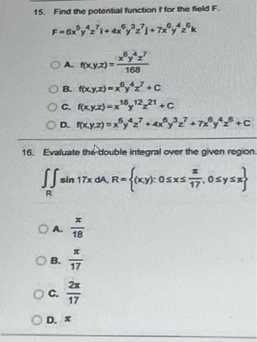 Solved 15. Find the potential function f for the field F. | Chegg.com