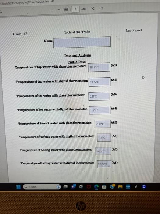Chem 143 Tools of the Trade Lab Report Data and | Chegg.com