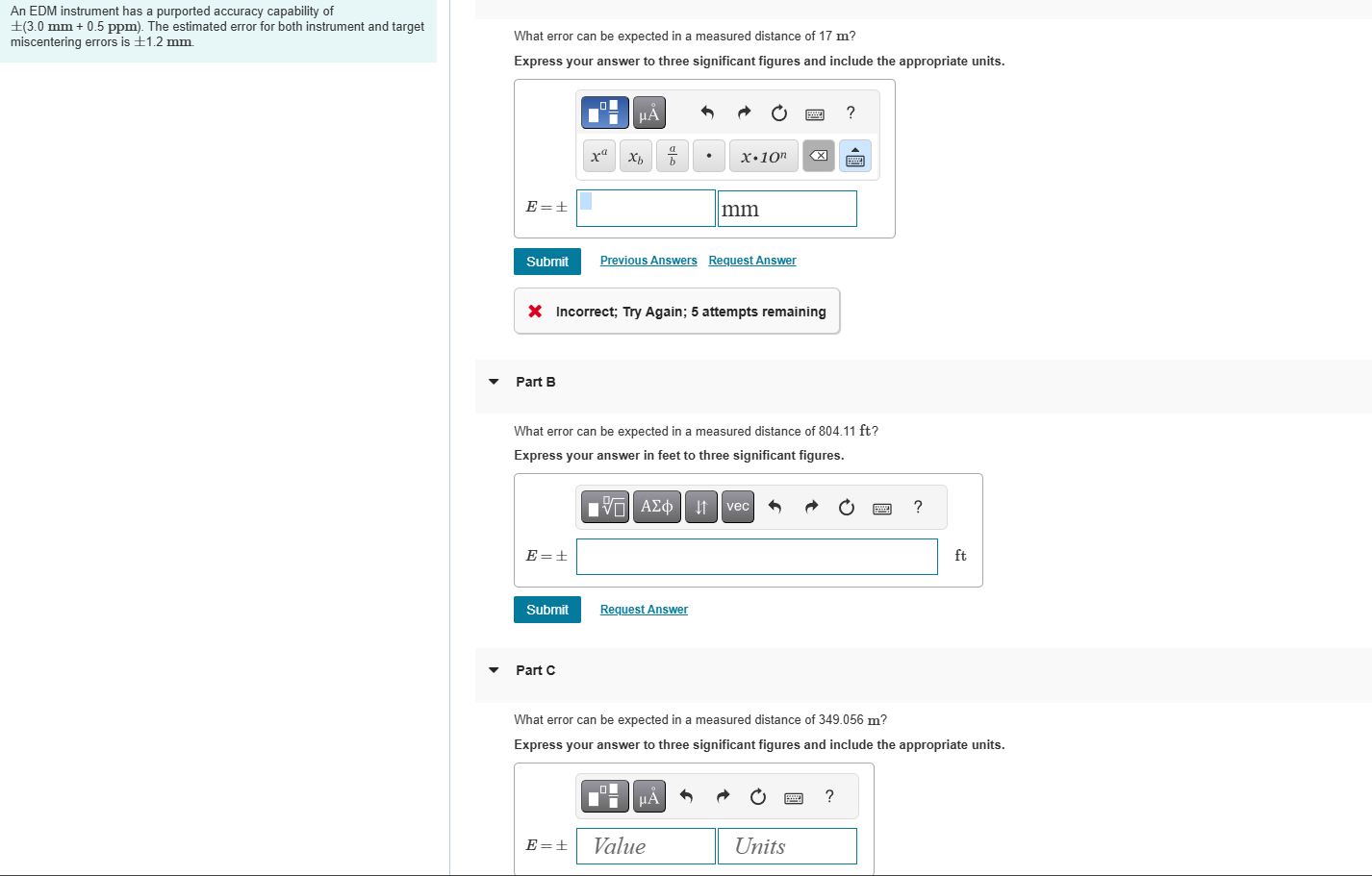 Solved An EDM instrument has a purported accuracy capability | Chegg.com
