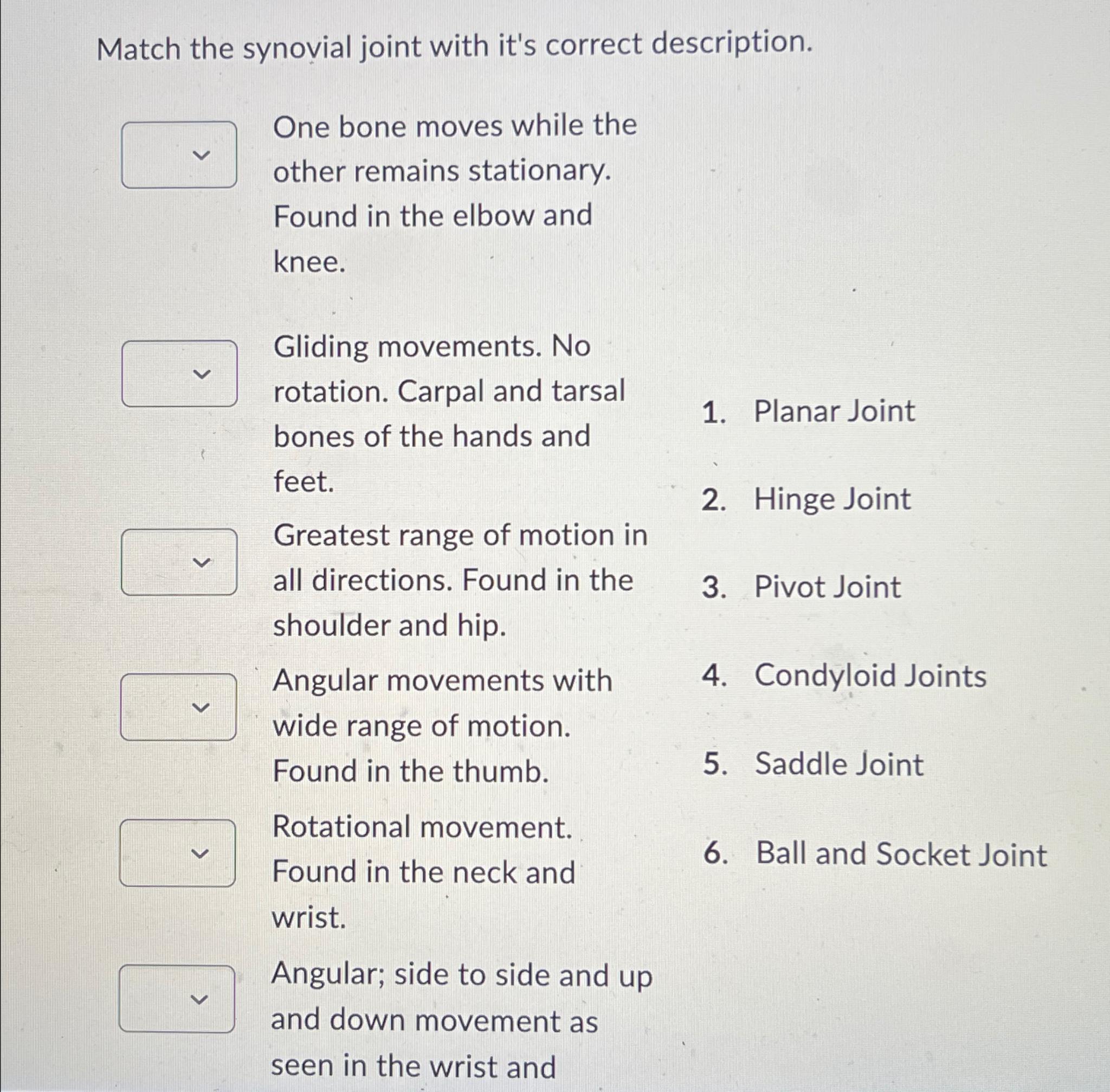 Solved Match the synovial joint with it's correct | Chegg.com