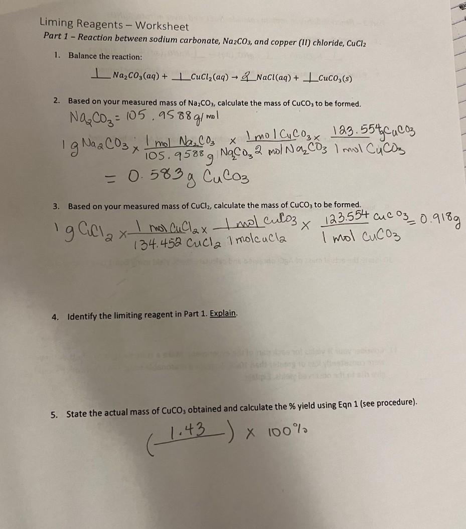 Solved Liming Reagents - Worksheet Part 1 - Reaction between | Chegg.com