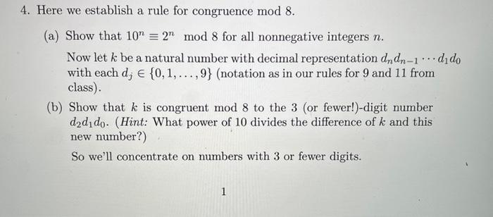 Solved 4. Here we establish a rule for congruence mod8. (a) | Chegg.com