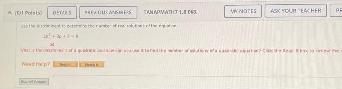 Solved Use the discriminant to determine the number of real | Chegg.com