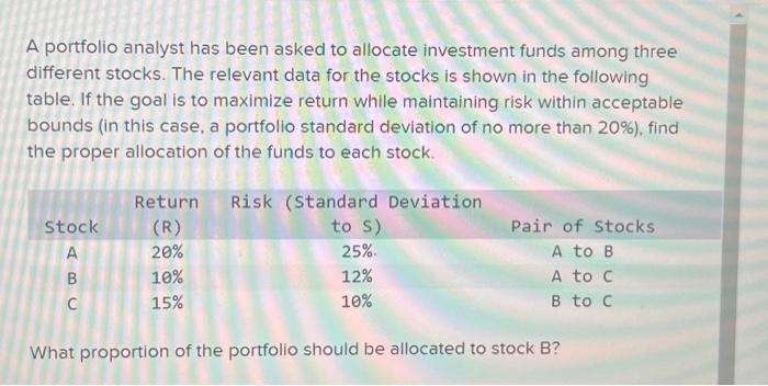 Solved A portfolio analyst has been asked to allocate | Chegg.com