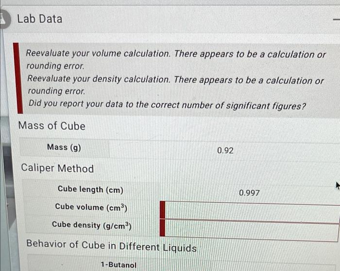 Solved Lab Data a Reevaluate your volume calculation. There | Chegg.com