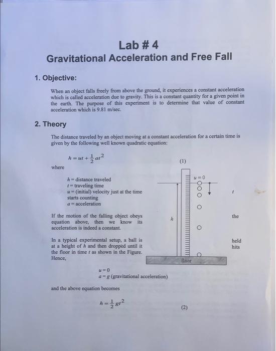 Lab \# 4 Gravitational Acceleration and Free Fall 1. | Chegg.com