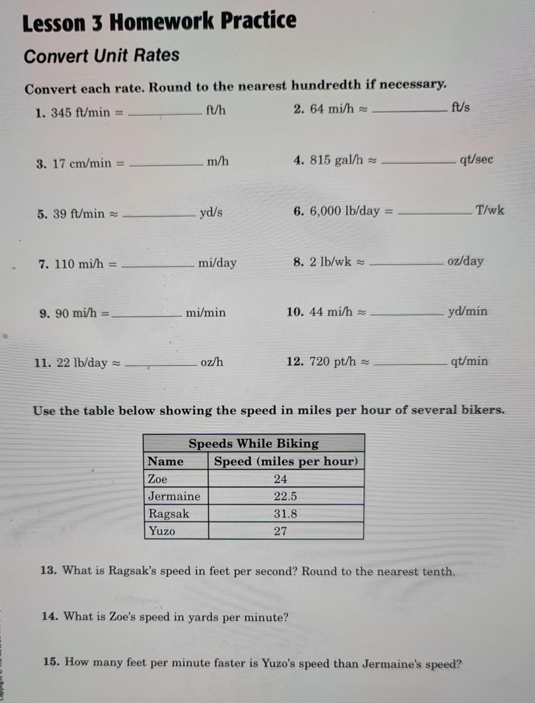 Solved Lesson 3 Homework Practice Convert Unit Rates Convert Chegg