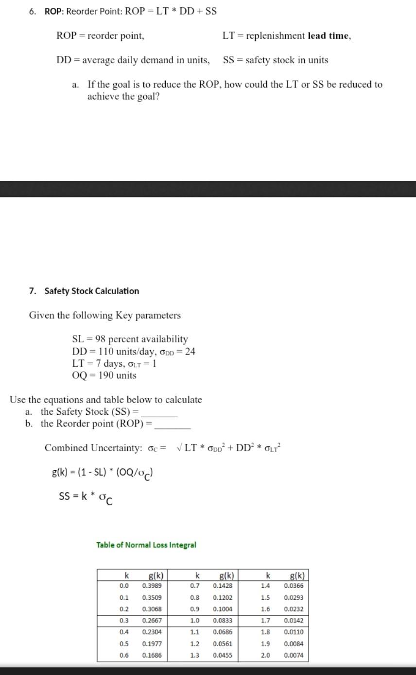 Solved 6. ROP: Reorder Point: ROP=LT * DD + SS ROP = reorder | Chegg.com