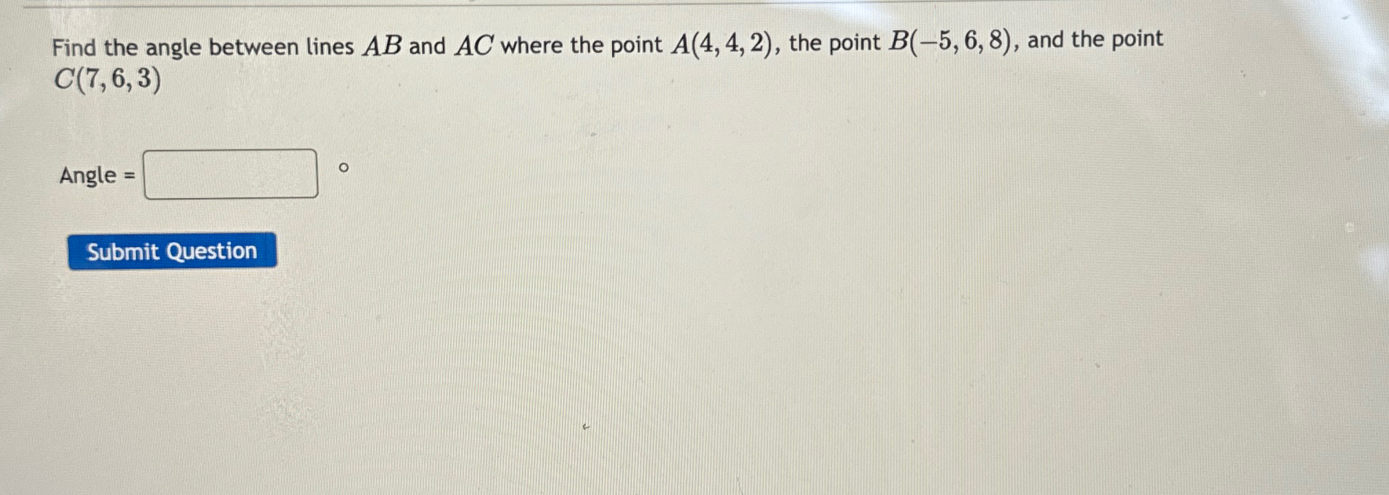 Solved Find the angle between lines AB ﻿and AC ﻿where the | Chegg.com