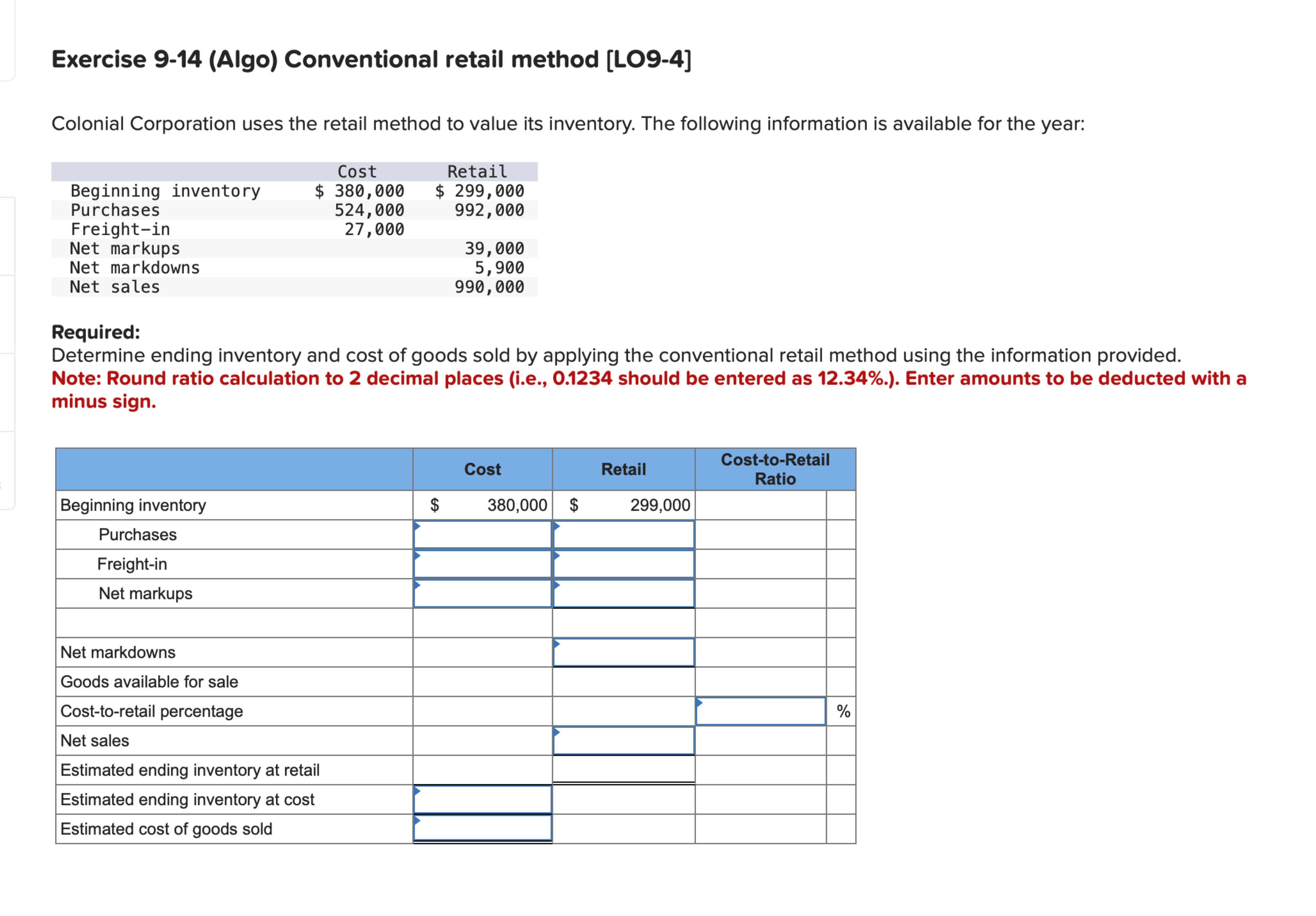Solved Exercise 9-14 (Algo) ﻿Conventional retail method | Chegg.com