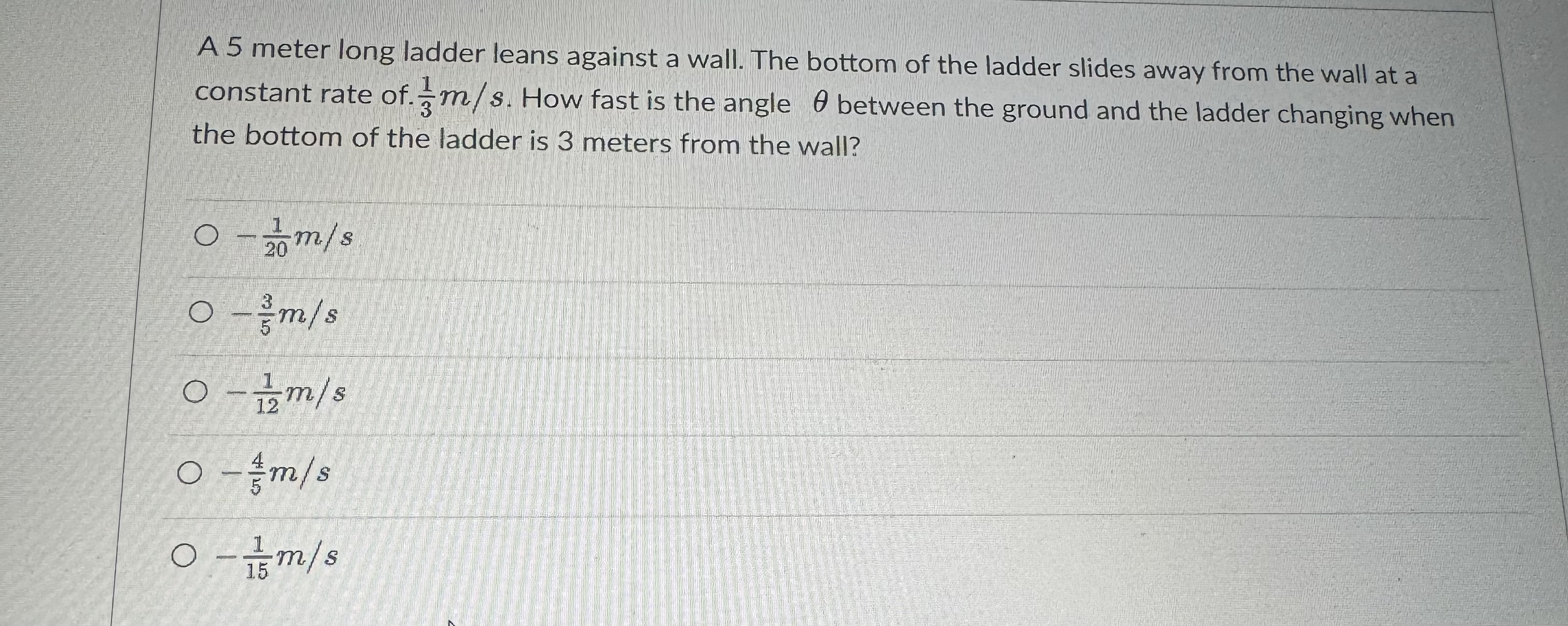 Solved A 5 ﻿meter long ladder leans against a wall. The | Chegg.com