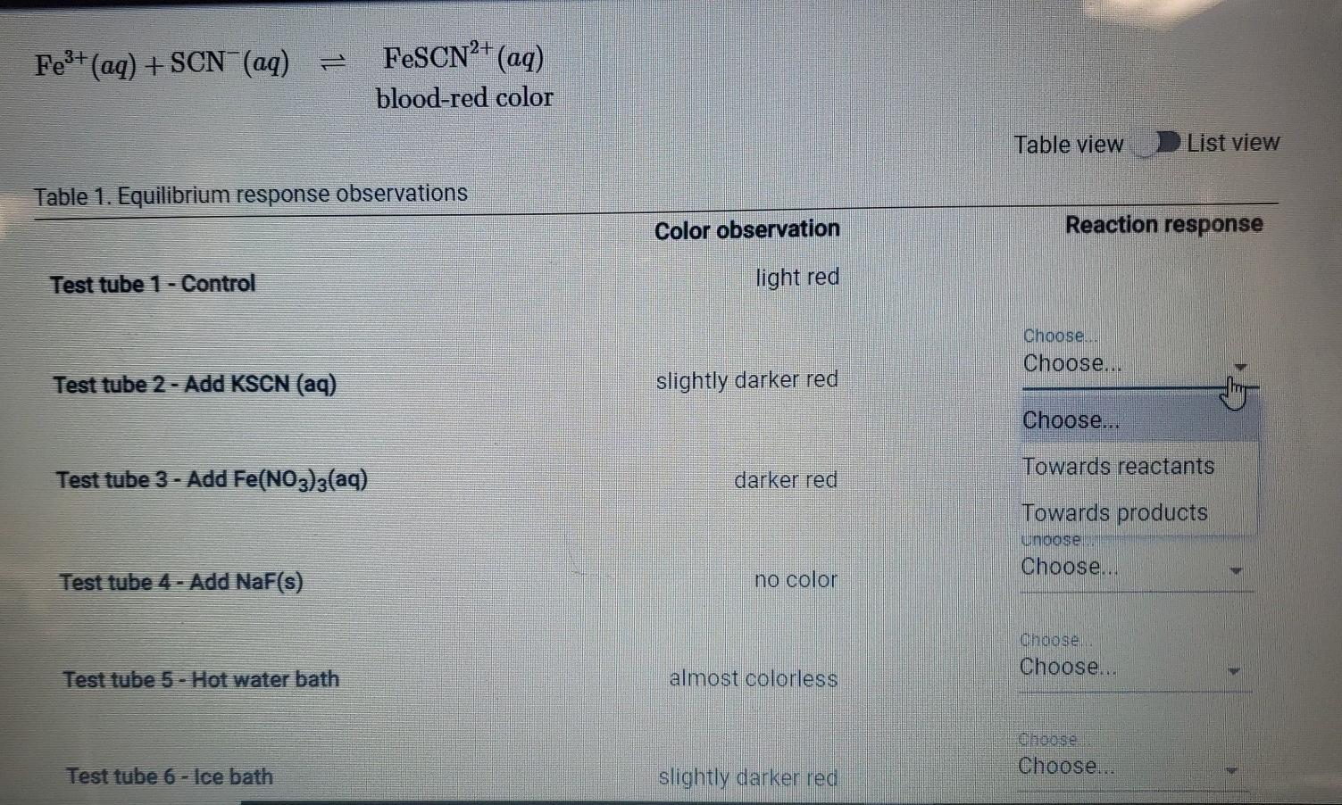 Solved Fe3+ (aq) + SCN- (aq) FeSCN2+ (aq) blood-red color | Chegg.com