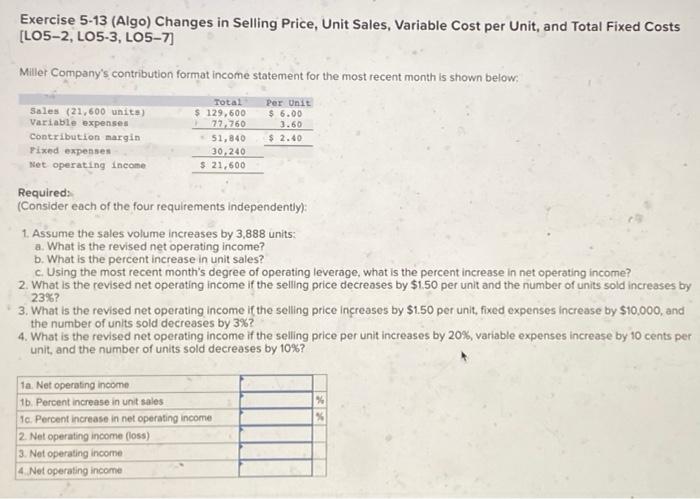 Solved Exercise 5-13 (Algo) Changes in Selling Price, Unit | Chegg.com