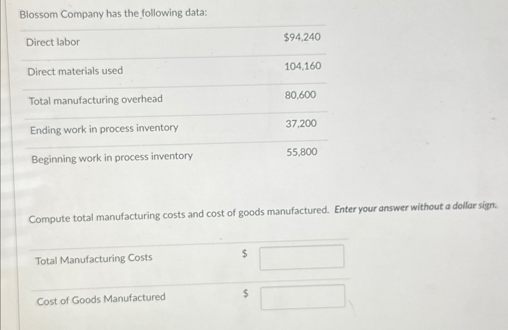 Solved Blossom Company has the following data:\table[[Direct | Chegg.com