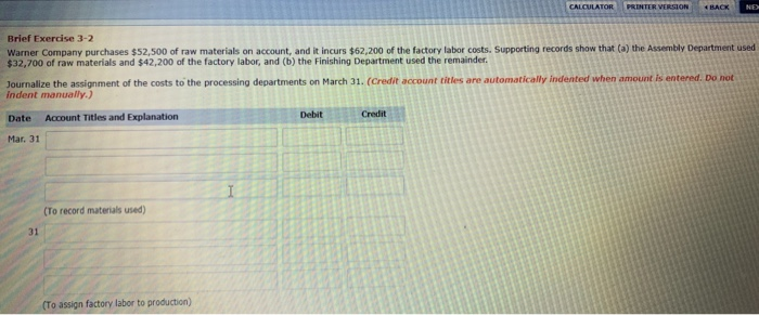 Solved CALCULATOR PRINTER VERSION « BACK NE Brief Exercise | Chegg.com