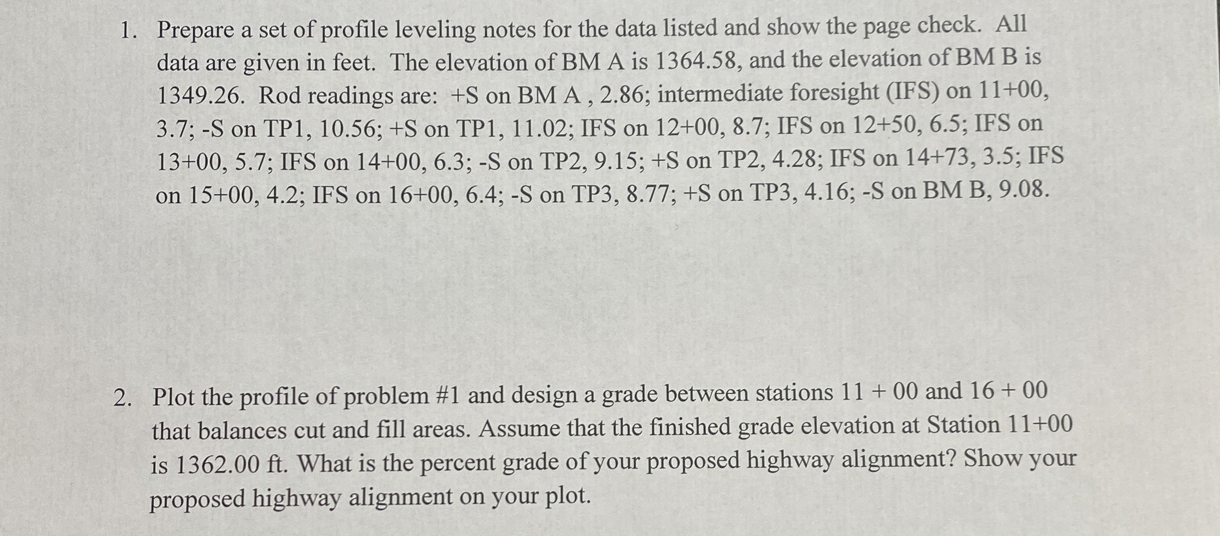 Prepare a set of profile leveling notes for the data | Chegg.com