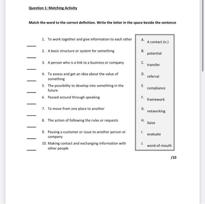 Solved Question 1: Matching Activity Match the word to the | Chegg.com