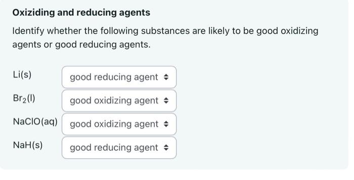 Solved Oxiziding and reducing agents Identify whether the | Chegg.com