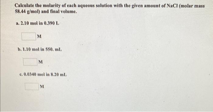 Solved Calculate the molarity of each aqueous solution with | Chegg.com