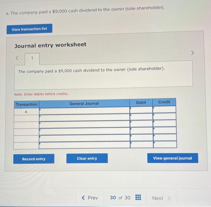 Solved a. The company paid a $9,000 cash dividend to the | Chegg.com