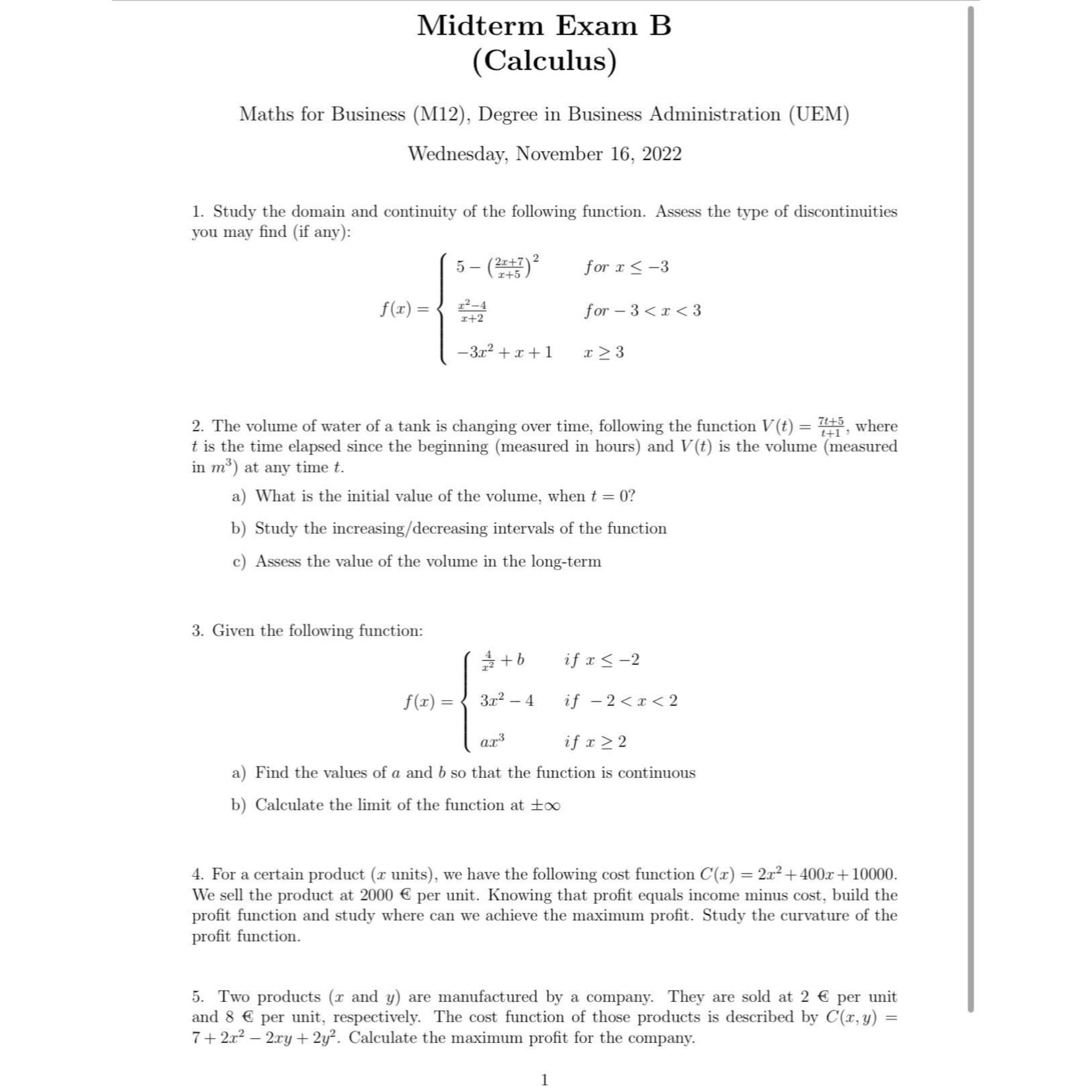 Solved Midterm Exam B (Calculus)Maths for Business (M12), | Chegg.com