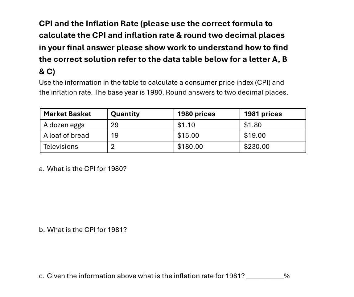 Solved CPI and the Inflation Rate (please use the correct | Chegg.com