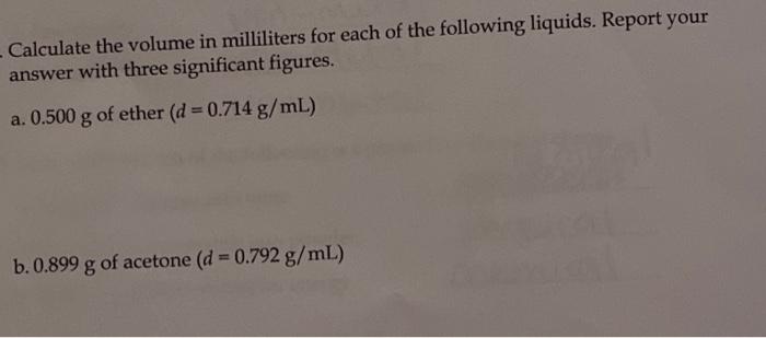 Solved Calculate the volume in milliliters for each of the | Chegg.com