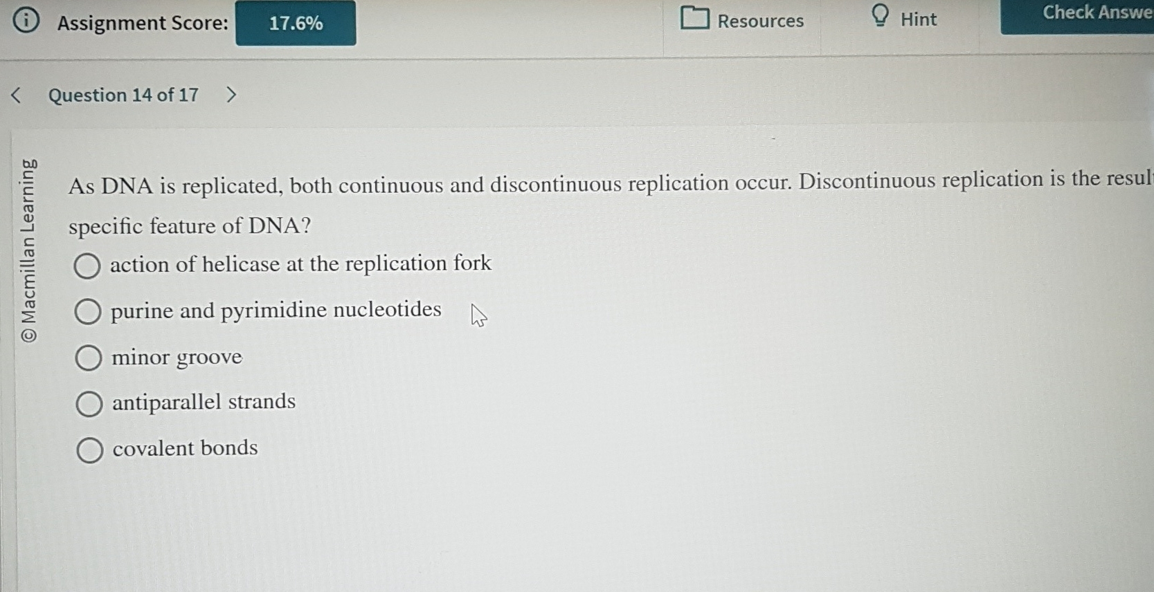 Solved Assignment Score:ResourcesHintCheck AnsweQuestion 14 | Chegg.com