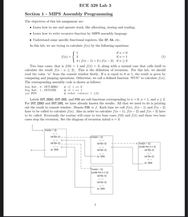 (1) ECE 329 Lab 3 Section 1 - MIPS Assembly | Chegg.com