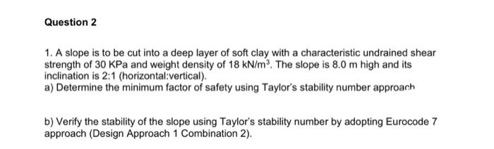 Solved 1. A slope is to be cut into a deep layer of soft | Chegg.com