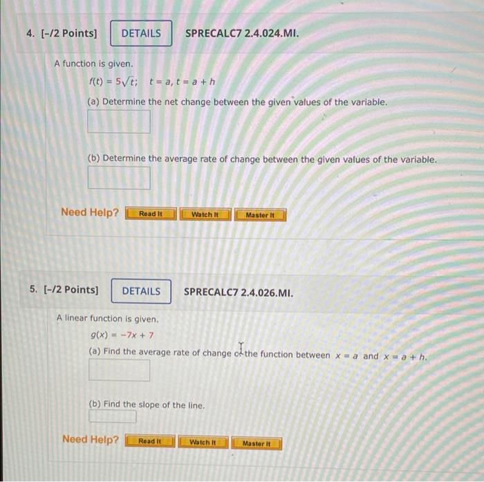 Solved A function is given. h(t)=2t2−t;t=4,t=9 (a) Determine | Chegg.com