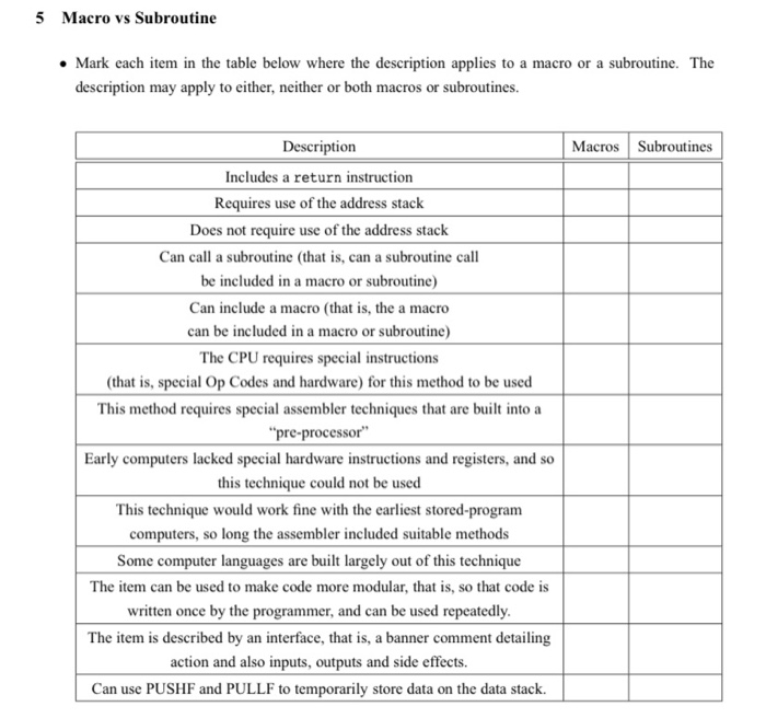 Solved 5 Macro Vs Subroutine Mark Each Item In The Table