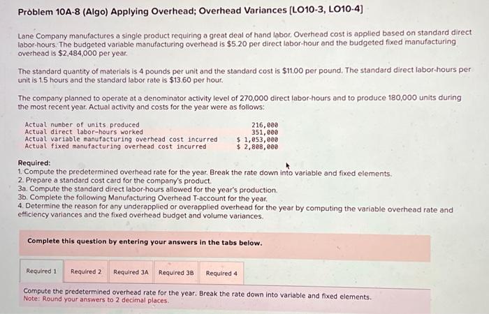 Solved Pròblem 10A-8 (Algo) Applying Overhead; Overhead | Chegg.com
