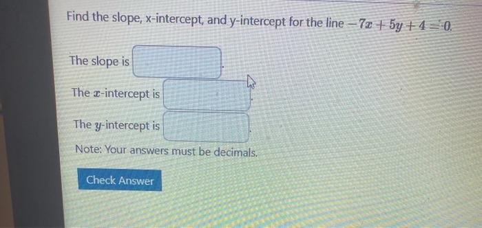 Solved Find the slope, x-intercept, and y-intercept for the | Chegg.com