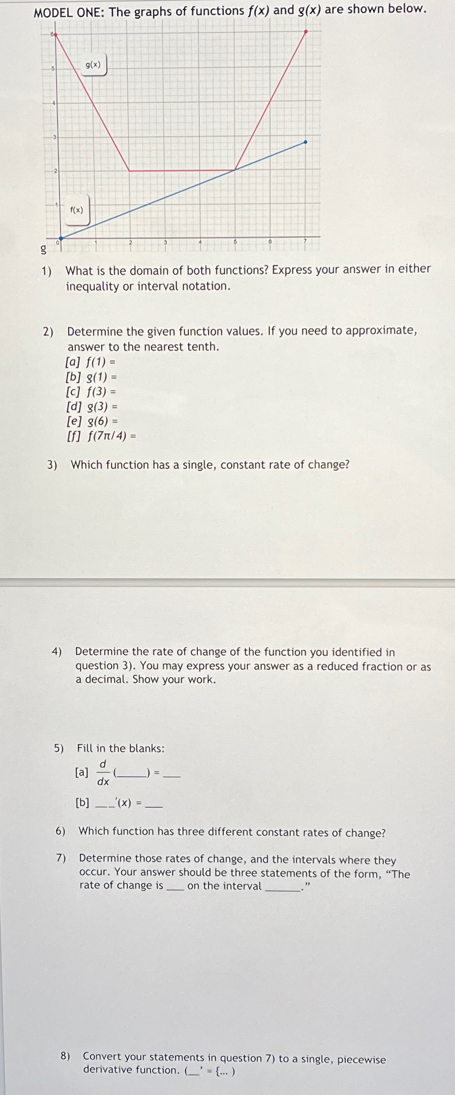 Solved MODEL ONE: The graphs of functions f(x) ﻿and g(x) | Chegg.com