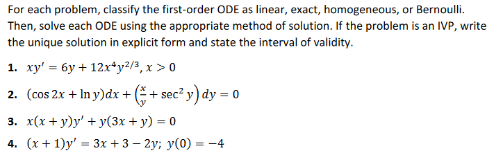 Solved For each problem, classify the first-order ODE as | Chegg.com