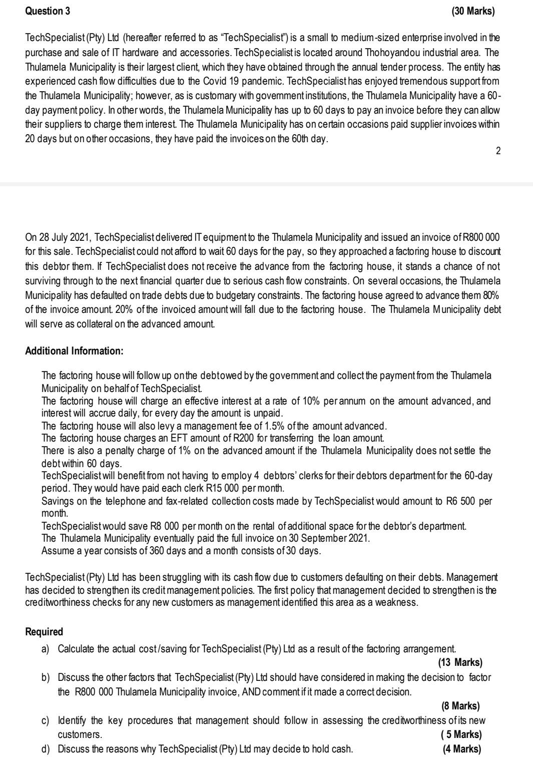 Question 3 (30 Marks) TechSpecialist(Pty) Ltd | Chegg.com