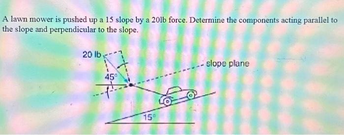 Solved A lawn mower is pushed up a 15 slope by a 20lb force. | Chegg.com