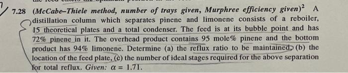 Solved .28 (McCabe-Thiele method, number of trays given, | Chegg.com