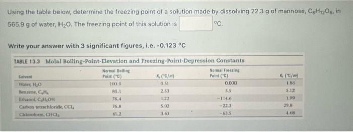 Solved Using the table below, determine the freezing point | Chegg.com