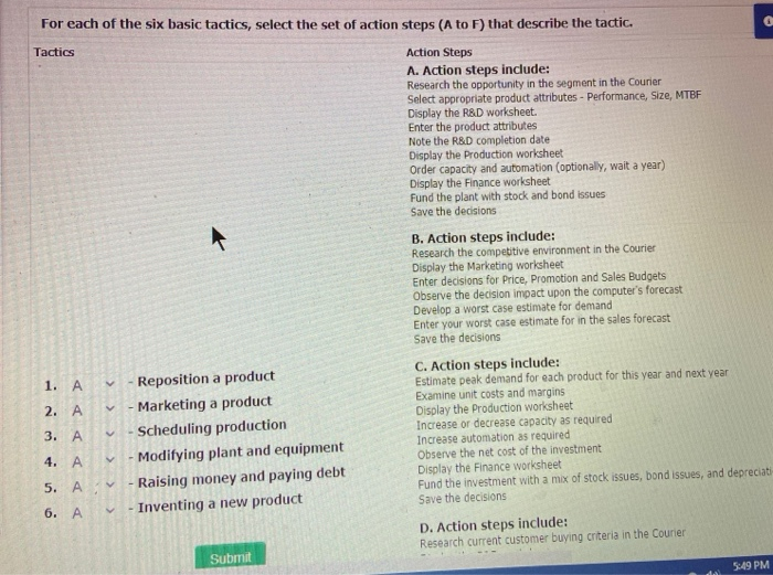 For each of the six basic tactics, select the set of | Chegg.com