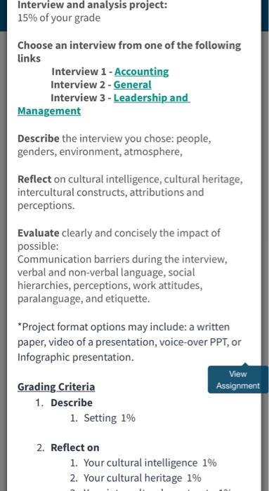 Interview and analysis project: 15% of your grade | Chegg.com