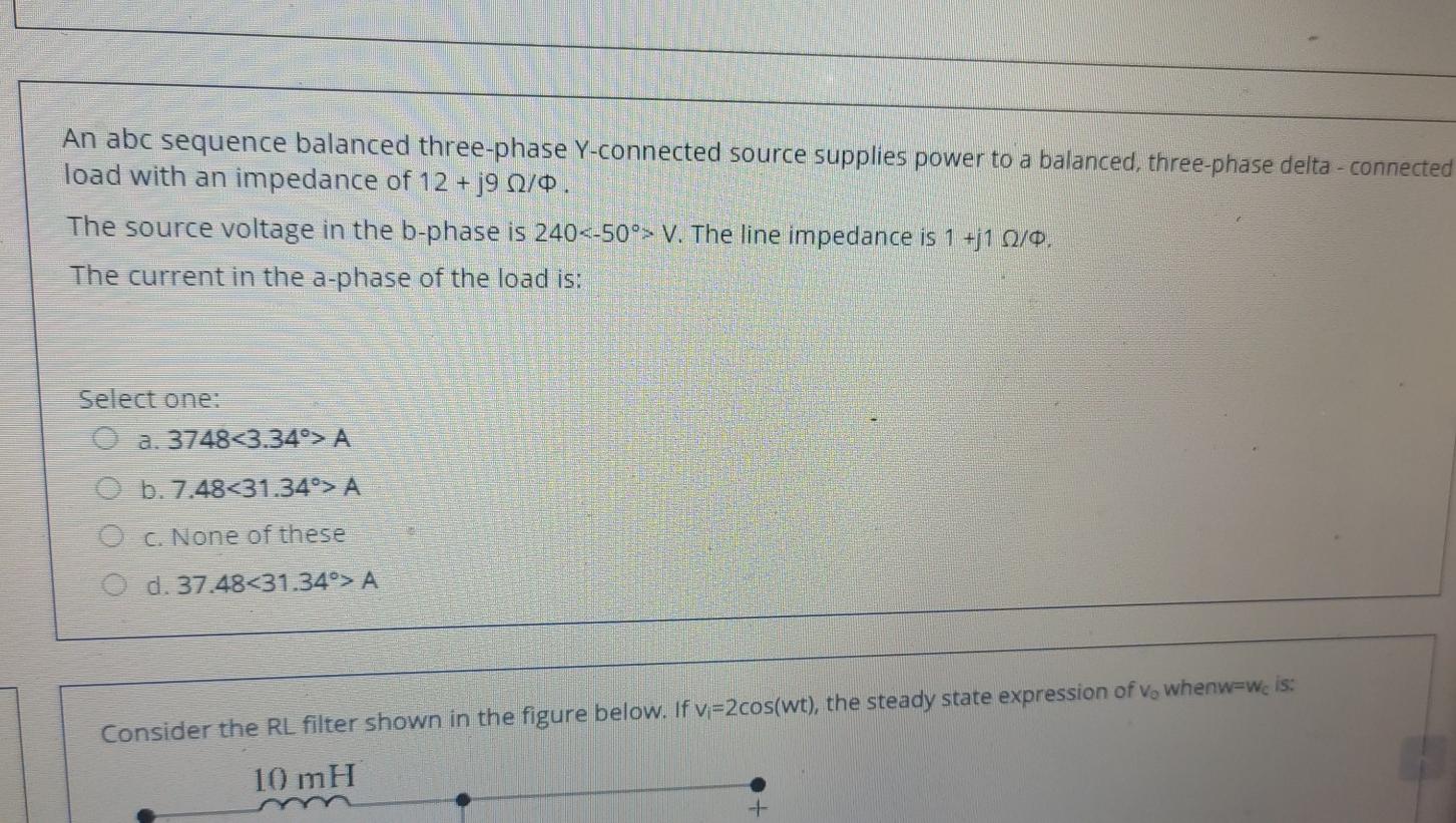 Solved An abc sequence balanced three-phase Y-connected | Chegg.com