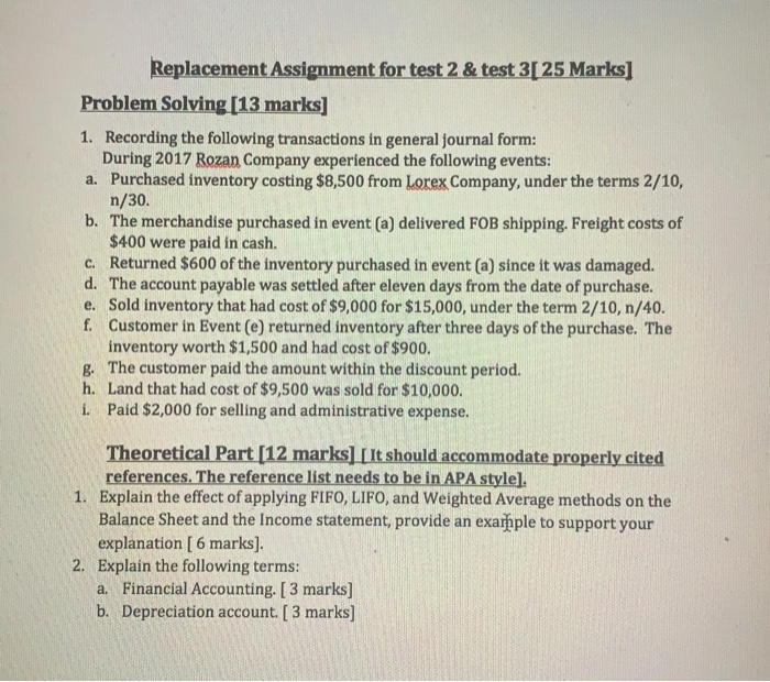 Solved Replacement Assignment for test 2 & test 3[ 25 Marks] | Chegg.com