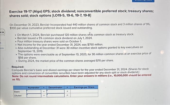 Solved Exercise 19-17 (Algo) EPS; stock dividend; | Chegg.com