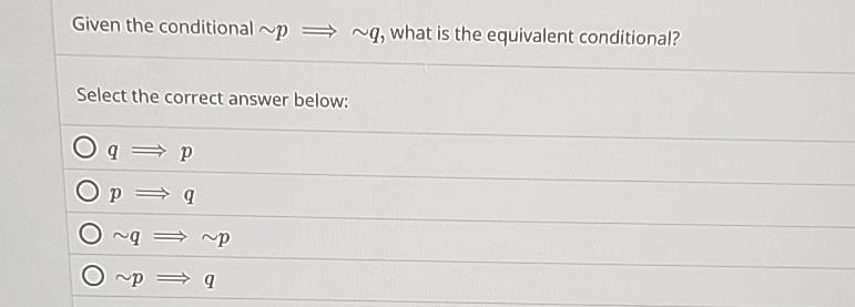 Solved Given the conditional ∼pLongrightarrow∼q, ﻿what is | Chegg.com