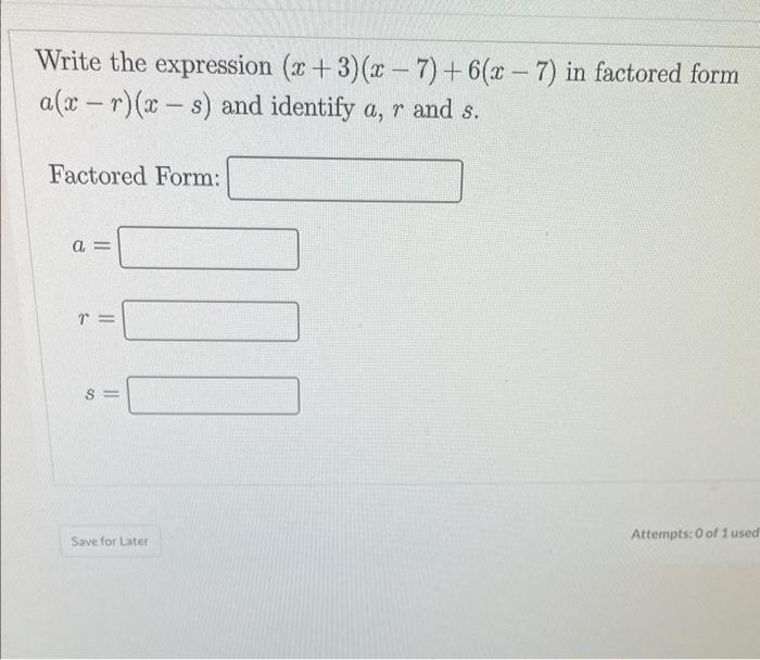 Solved Write the expression (x+3)(x−7)+6(x−7) in factored | Chegg.com