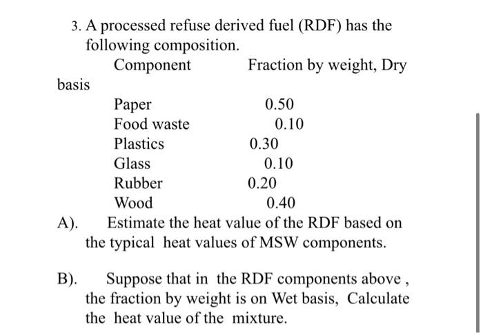 3. A processed refuse derived fuel (RDF) has the | Chegg.com